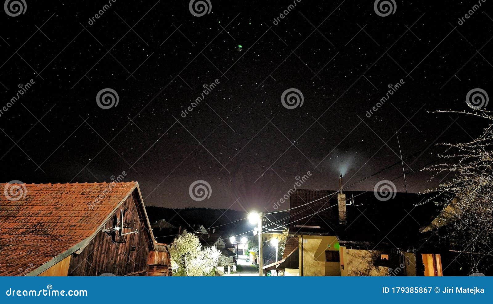 Starry Sky Over Night Village Stock Image - Image of village, starry ...