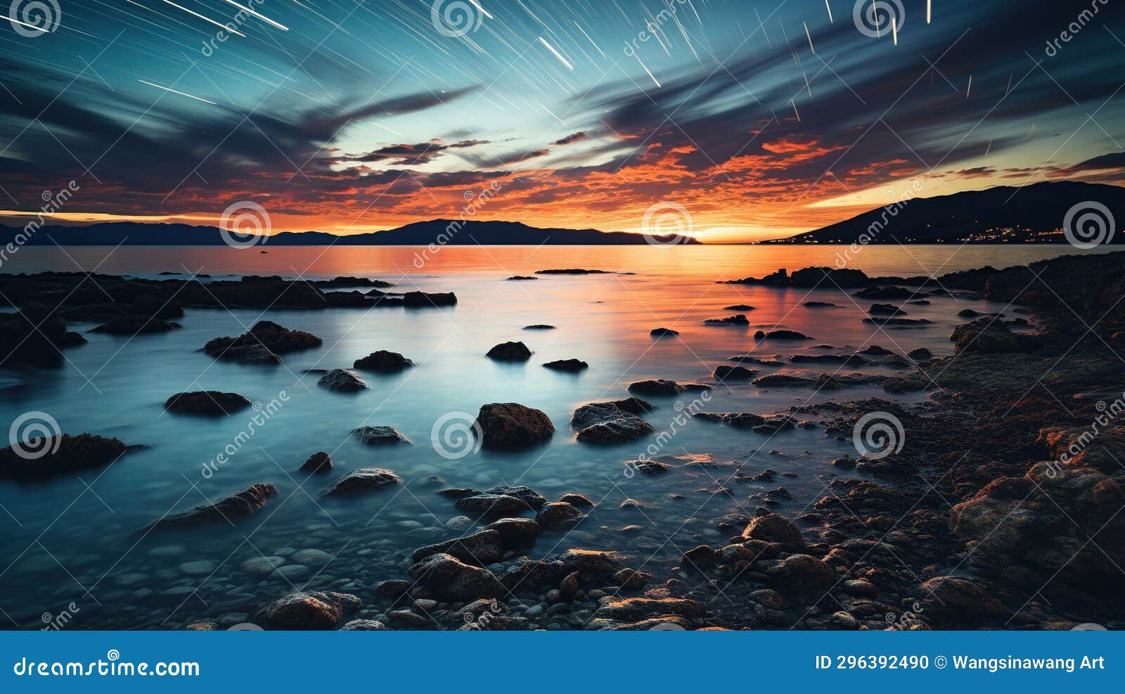 Starry Sky Over the Sea. Dramatic Sunset Over the Sea Stock Photo ...