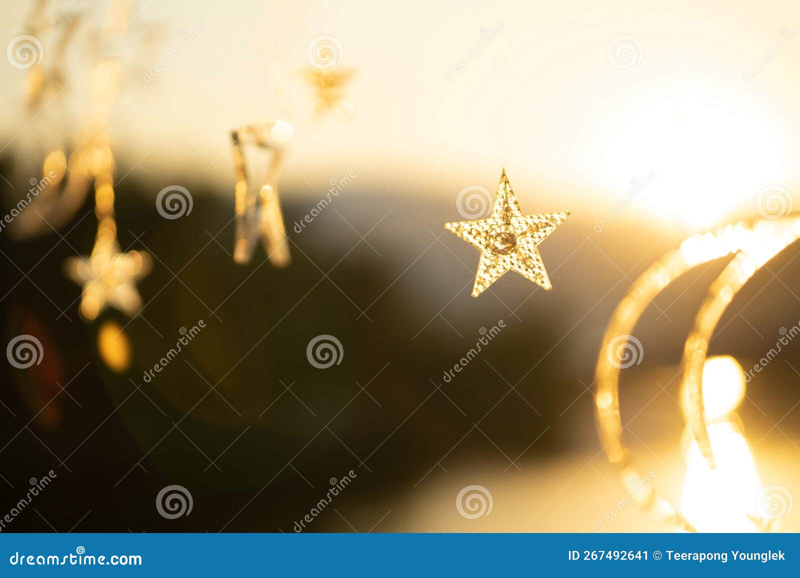 Stars and Half Moon Floating on Golden Light Background of Sunlight ...