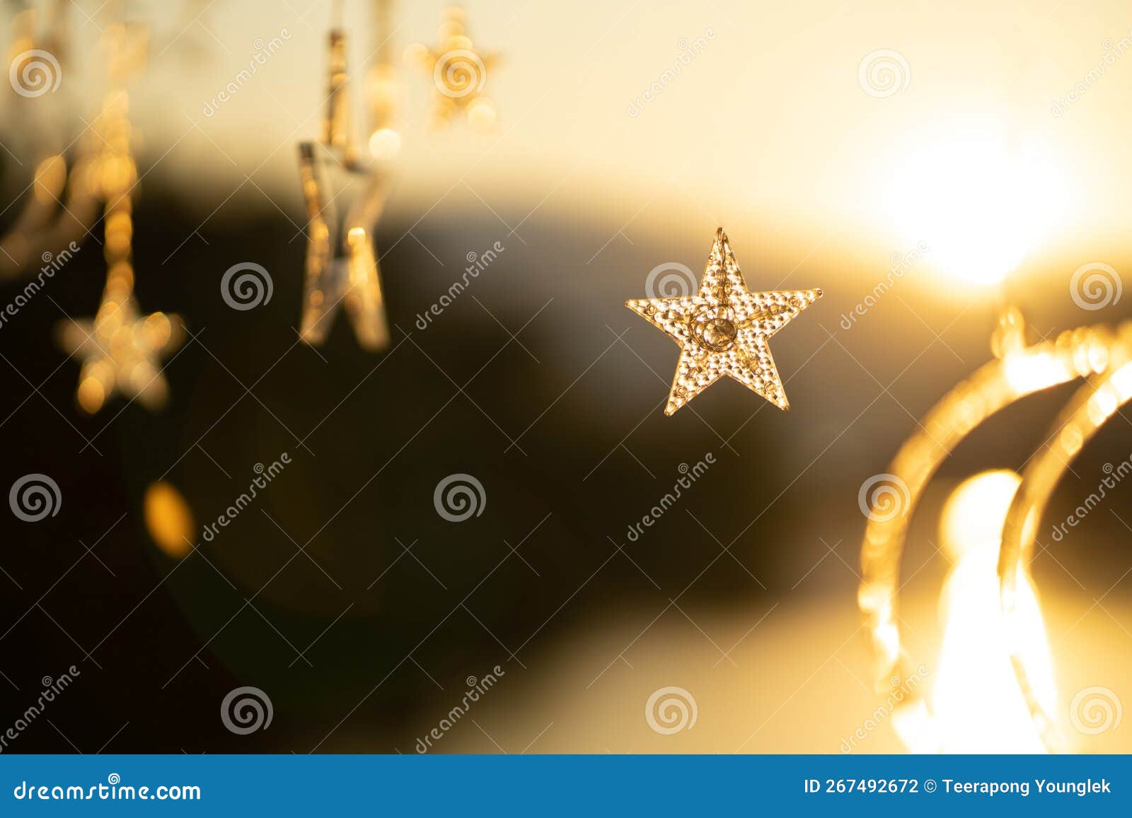Stars and Half Moon Floating on Golden Light Background of Sunlight ...