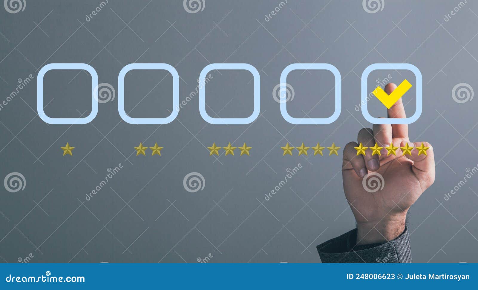 Stars for Rating with Checkmark. Man Tapping on the Screen Stock Image ...