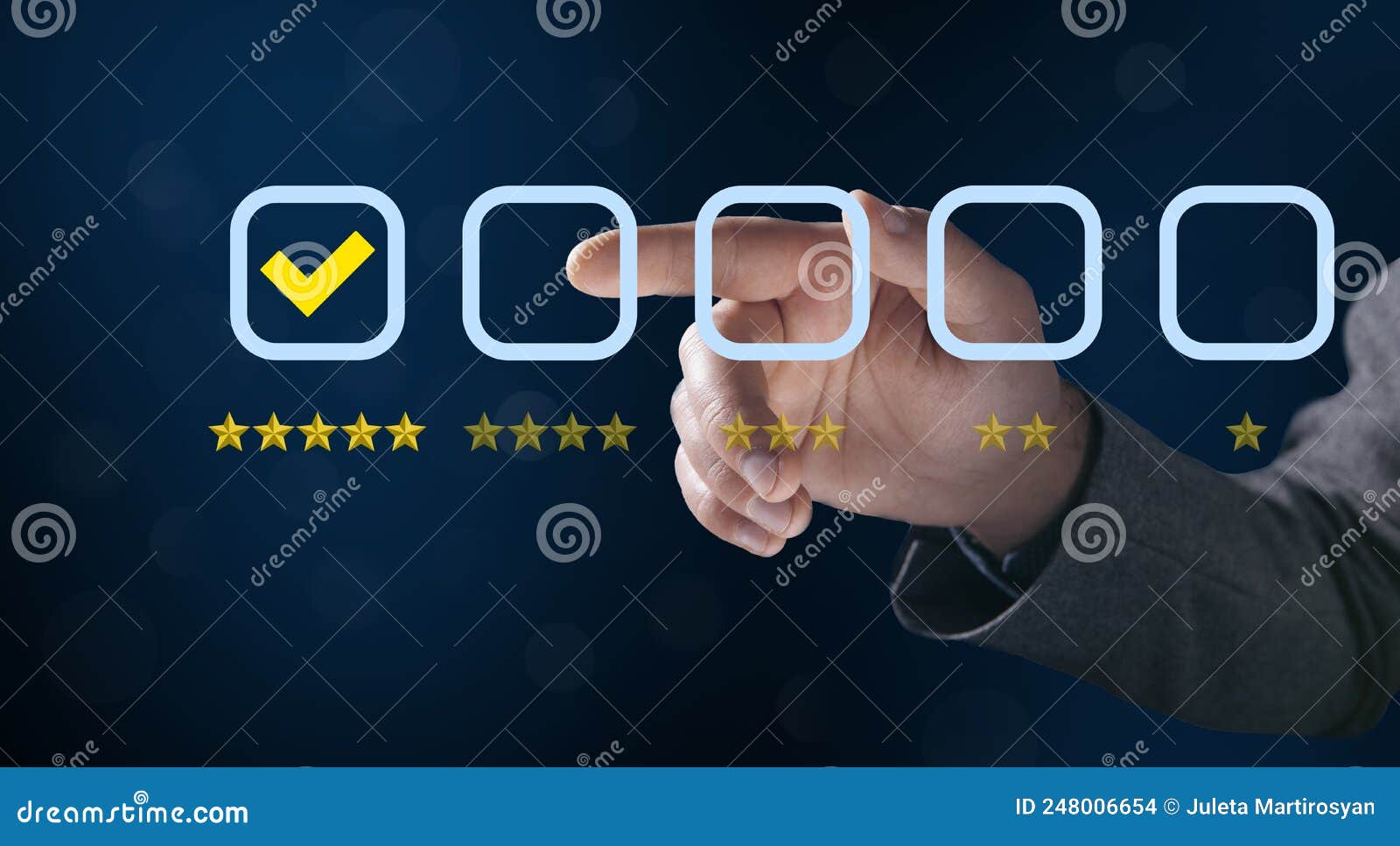 Stars for Rating with Checkmark. Man Tapping on the Screen Stock Photo ...