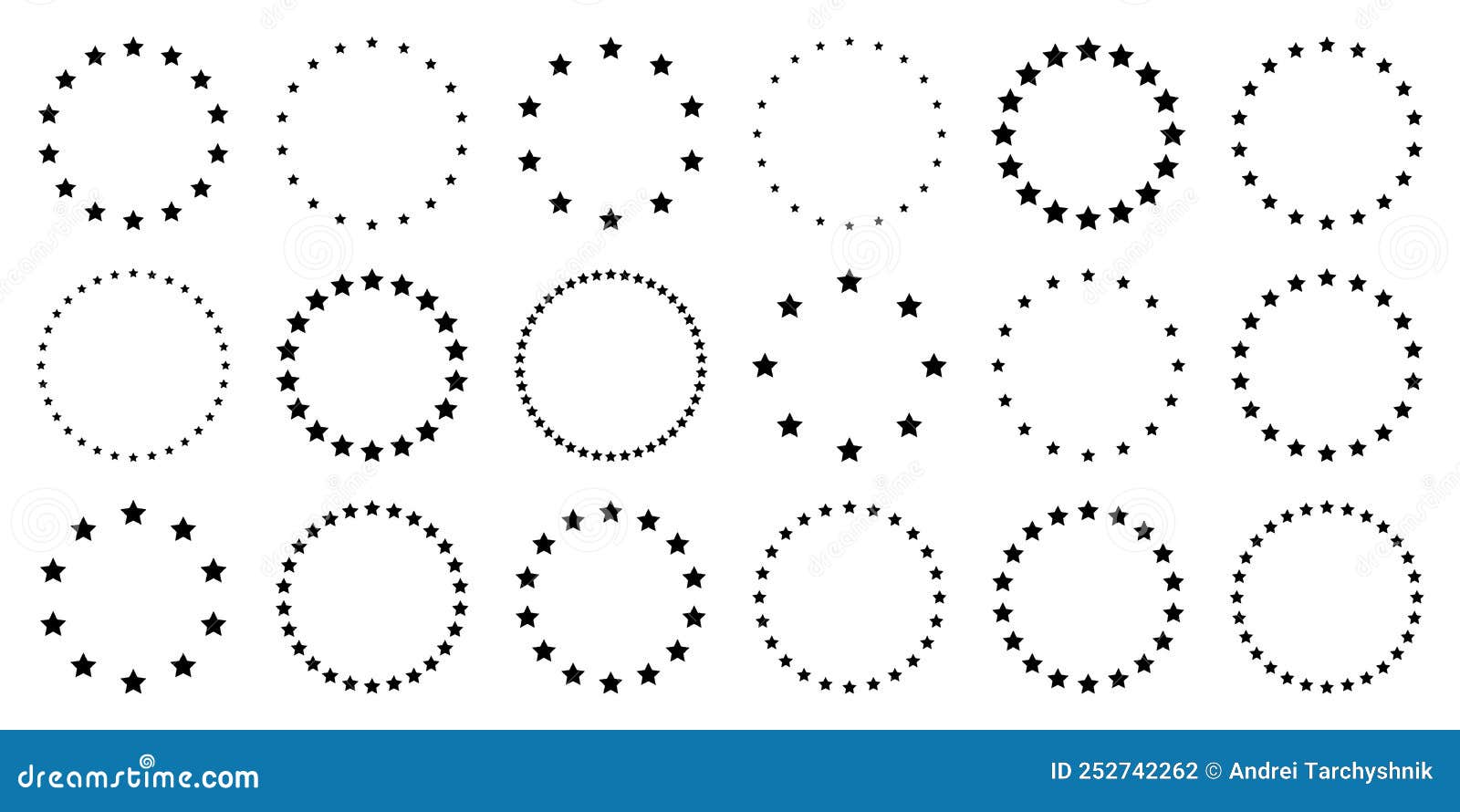 Stars of Various Sizes Arranged in a Circle. Round Frame, Border. Black ...