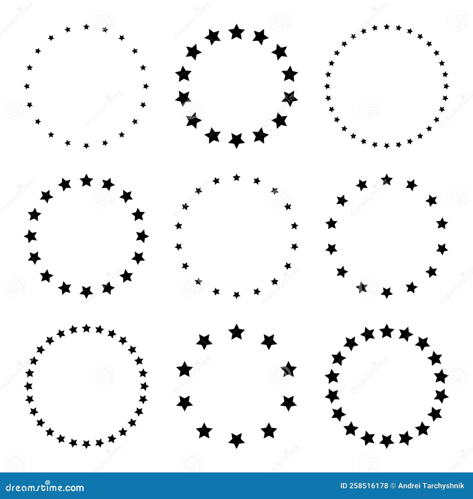 Stars of Various Sizes Arranged in a Circle. Round Frame, Border. Black ...