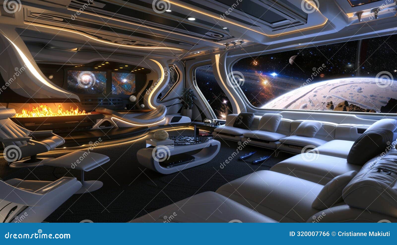 Futuristic Living Room With Big Windows Inside Spaceship Stock Photo ...