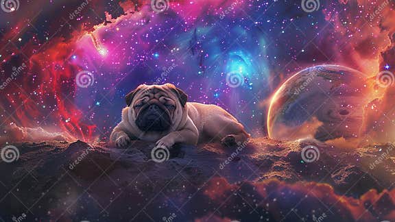 Cute Pug Breed Dog Puppy in a Beautiful Cosmic Starry Sky Deep Space ...