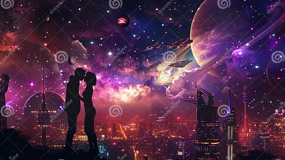 Soulmate Couple in Love Holding Hands or Kissing in Alien World Planet ...