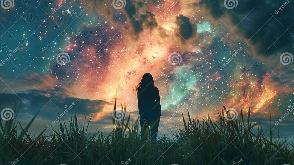 Lonely Woman Stargazing, Reflecting about Life or Meditating in a Beautiful Colorful Peaceful ...