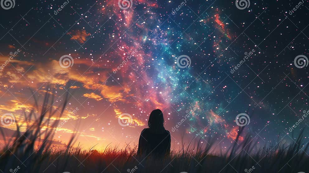 Lonely Woman Stargazing, Reflecting about Life or Meditating in a Beautiful Colorful Peaceful ...