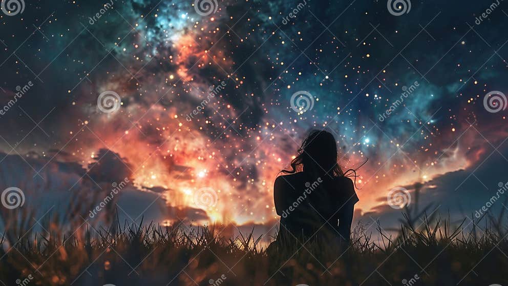 Lonely Woman Stargazing, Reflecting about Life or Meditating in a Beautiful Colorful Peaceful ...