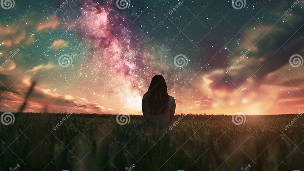Lonely Woman Stargazing, Reflecting about Life or Meditating in a Beautiful Colorful Peaceful ...