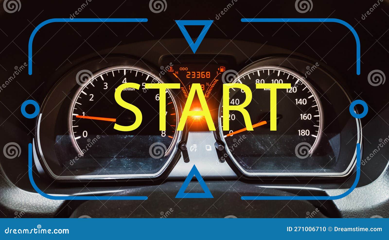 Start Concept on a Car Dashboard with Speedometer and Warning Lights ...