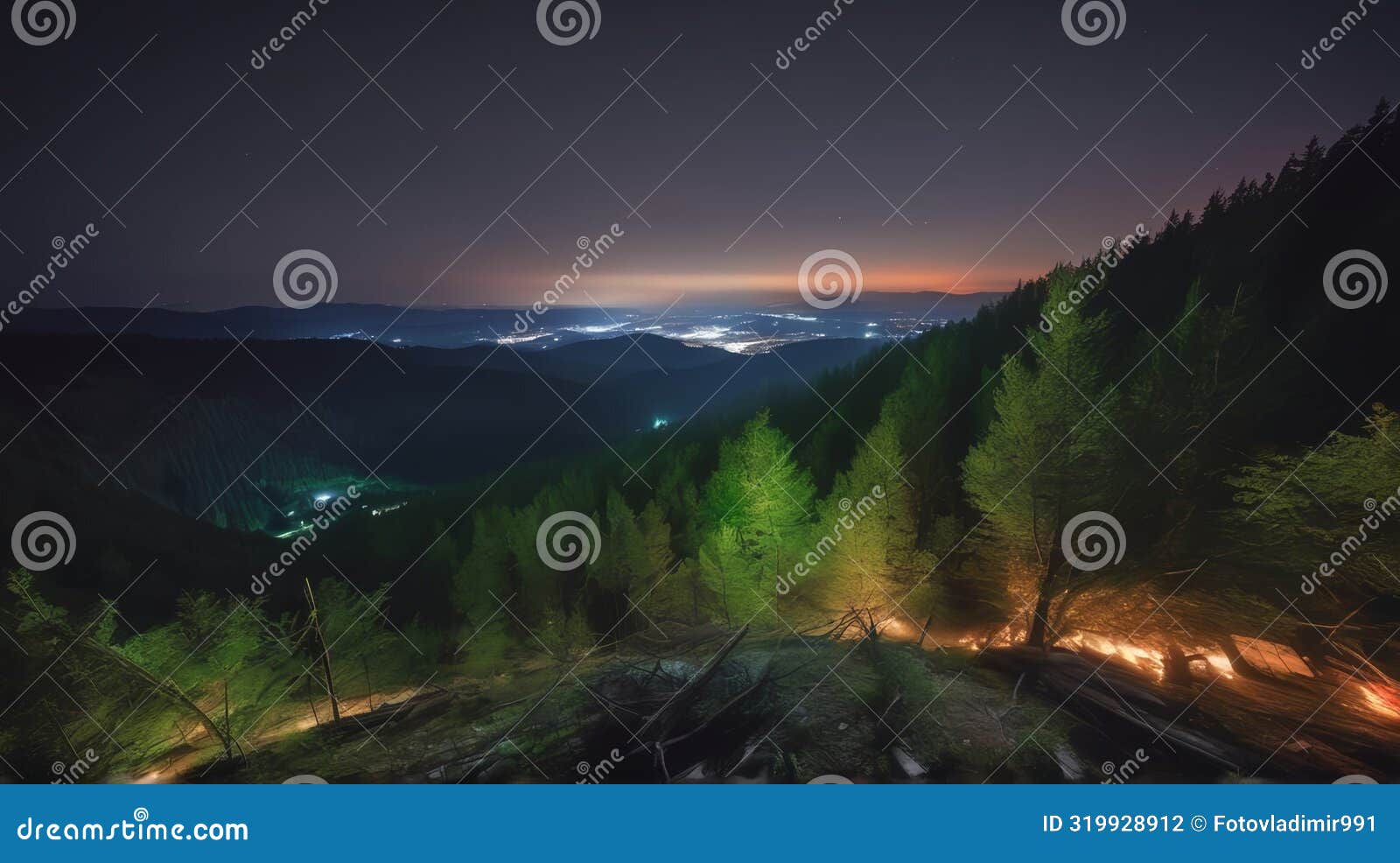 The Start of a Fire in a Mountain Forest at Night from Sparks from a ...