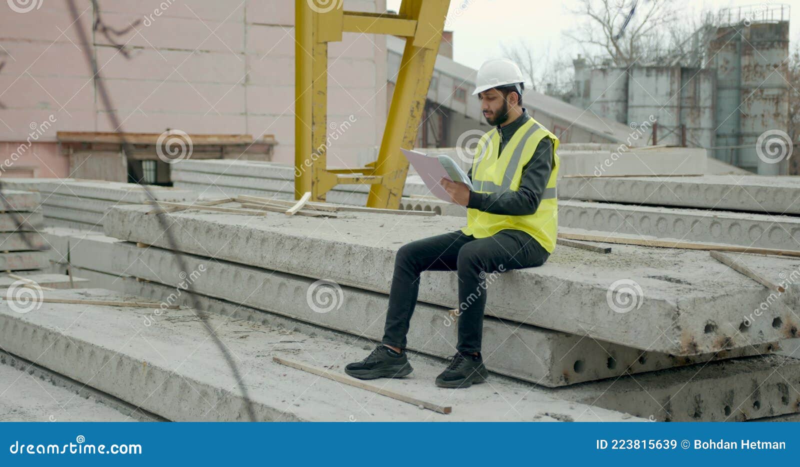 Single Working Man Outdoors Construction with Notepad Stock Video ...