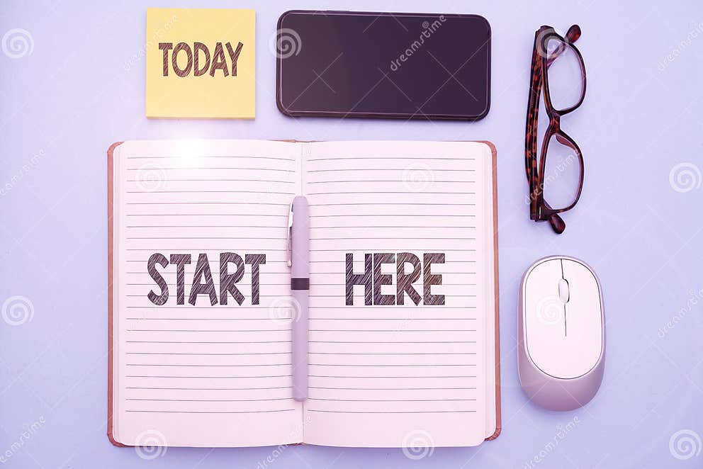START HERE Text on a Notebook for Beginning a Project Stock Image ...