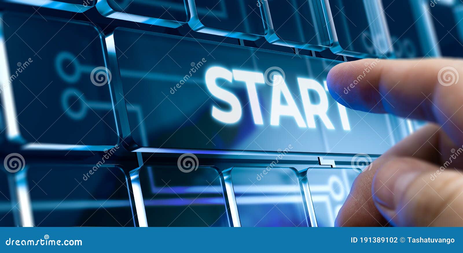 Start - Man Pushing Button on Futuristic Interface. 3D. Stock Photo ...
