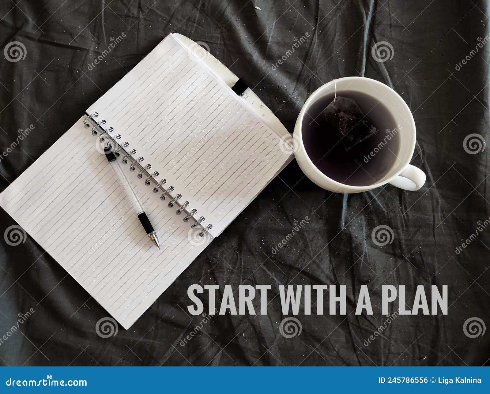 Start with a Plan Phrase Next To Blank Journal and Tea Stock Photo ...