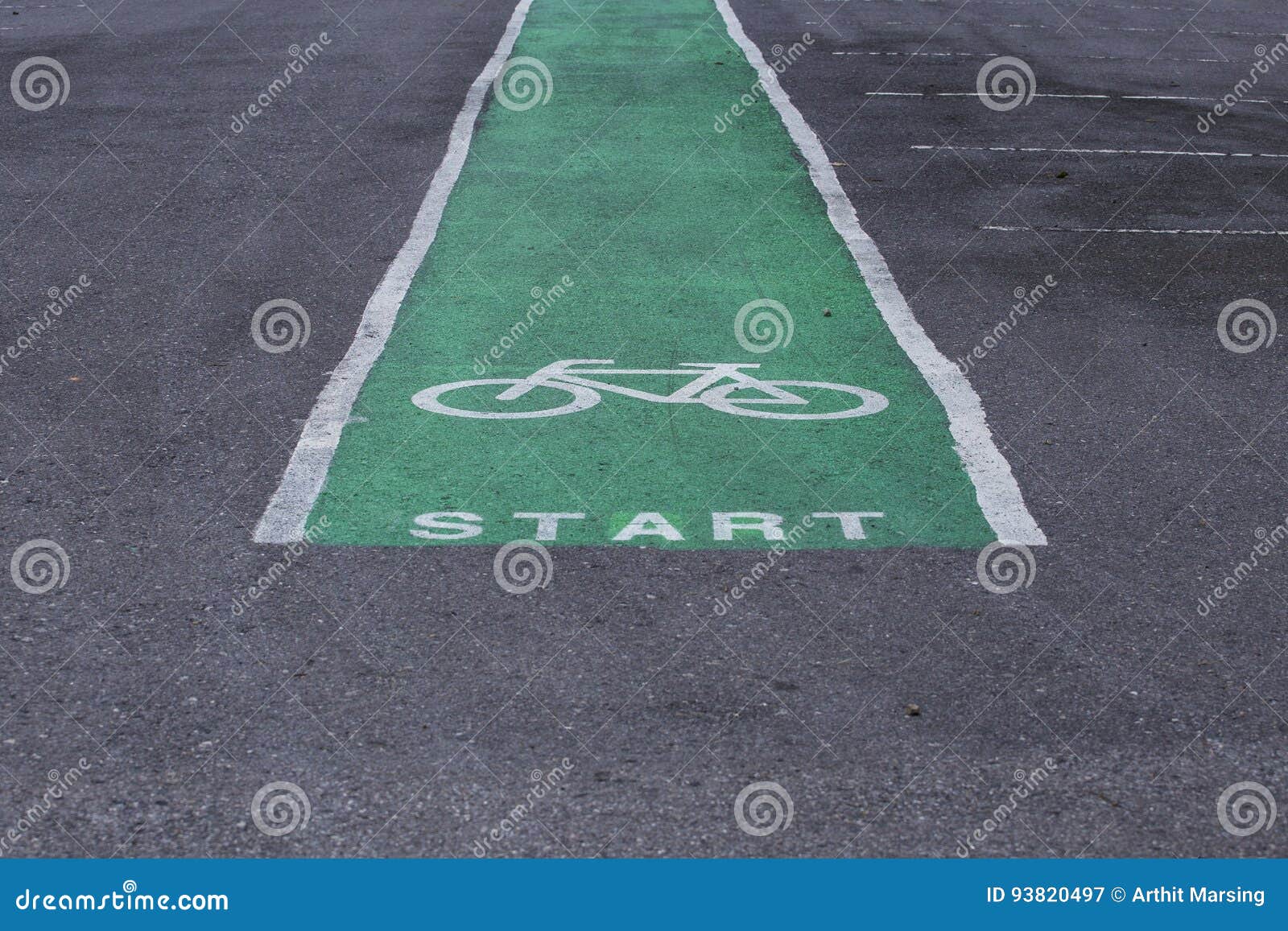 Start Point of Green Bicycle Lane on the Asphalt Concrete Road in the ...