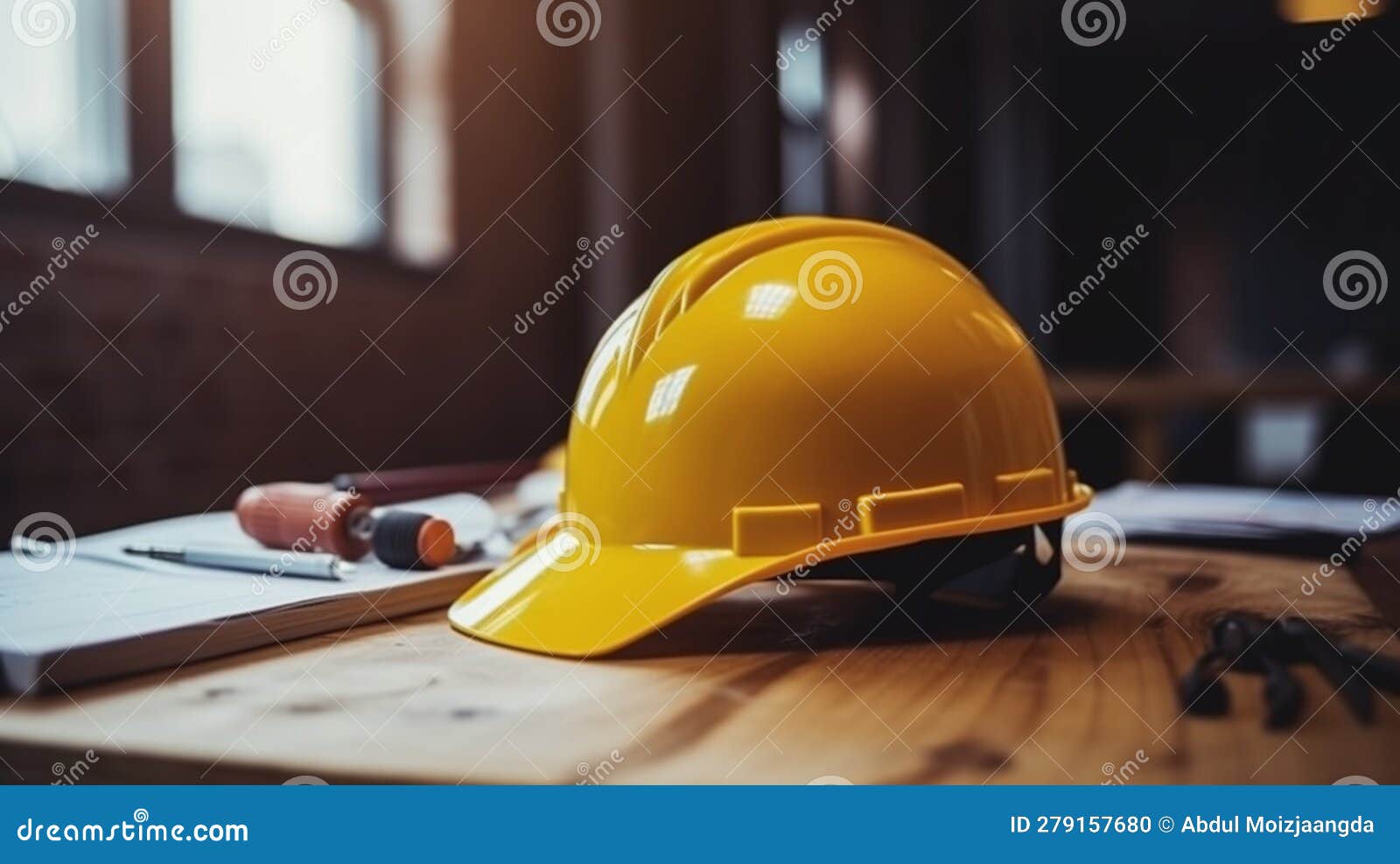 Start Strong, Stay Safe, Yellow Helmet on Workplace Desk Stock ...