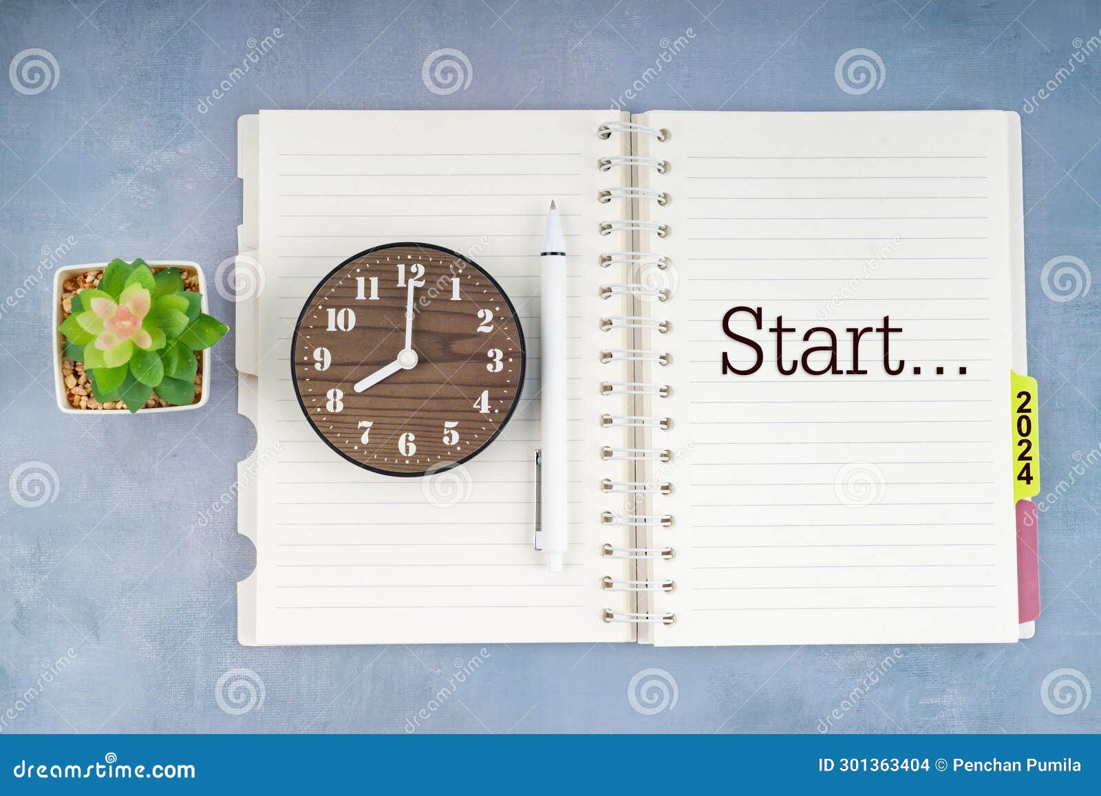 Start 2024 Text and Wooden Clock on Open Diary Stock Photo - Image of ...