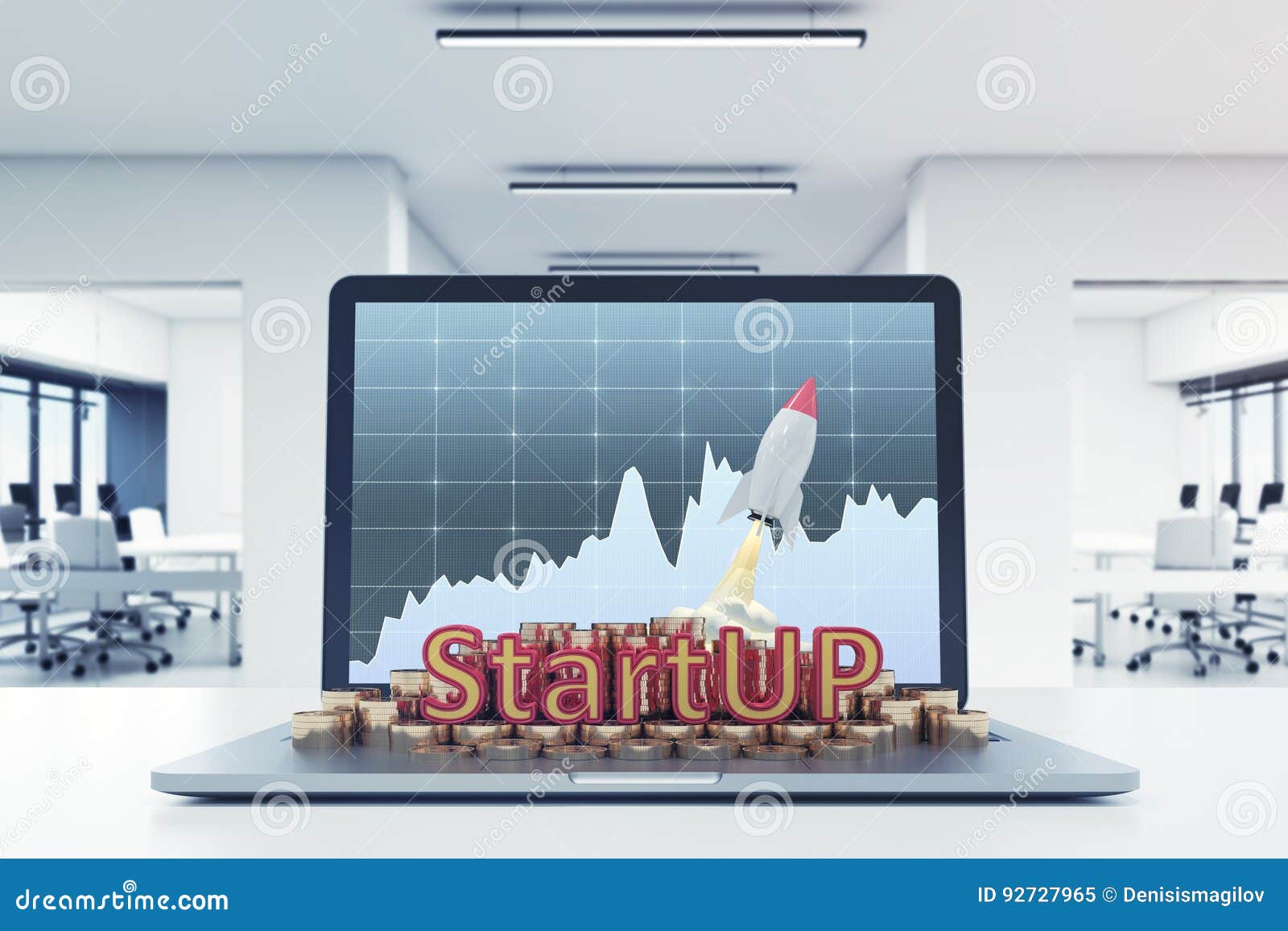 Start Up, Laptop with Graph, Office Table Stock Illustration ...
