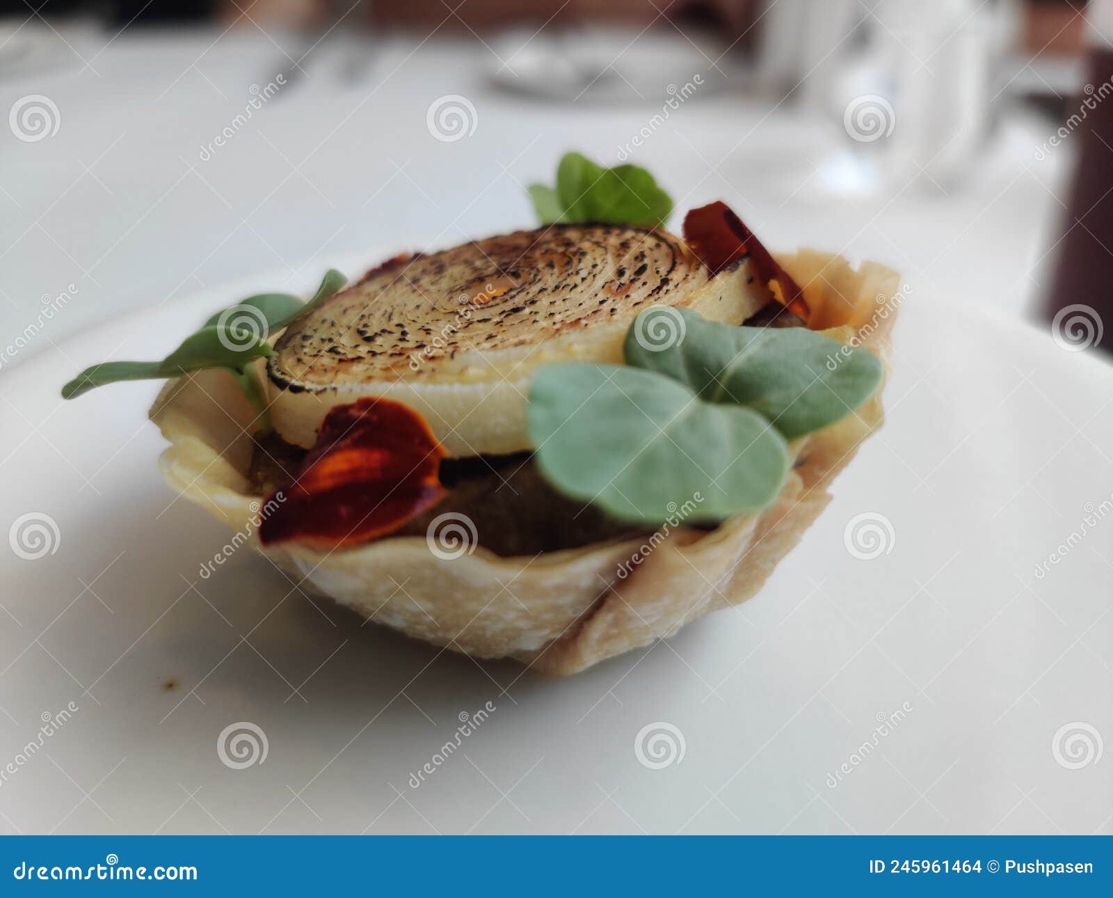 Starter - Turnip Tartlet, Sorrel, Marigold Stock Photo - Image of ...