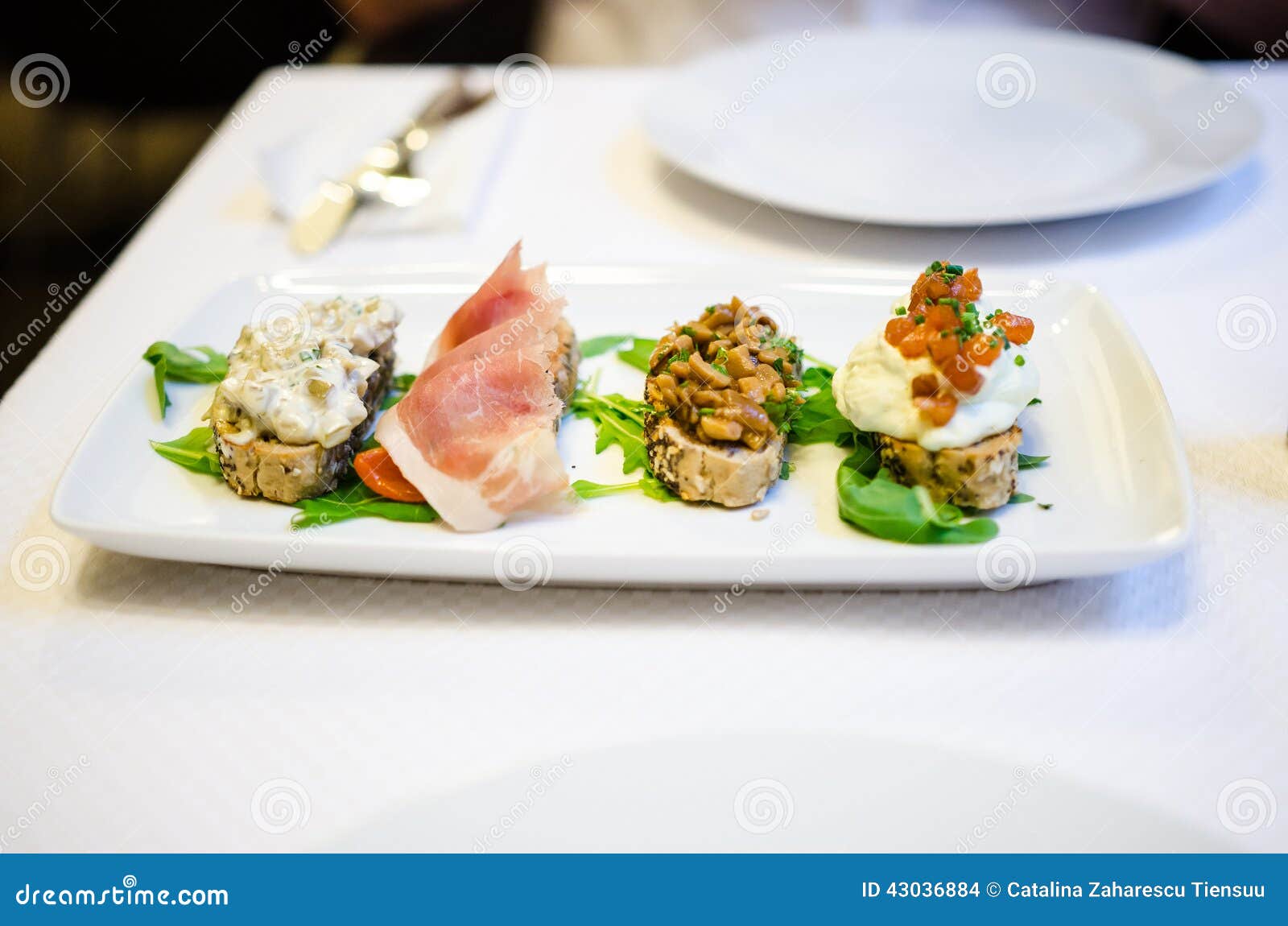 Starters, bruschettas stock photo. Image of prosciutto - 43036884