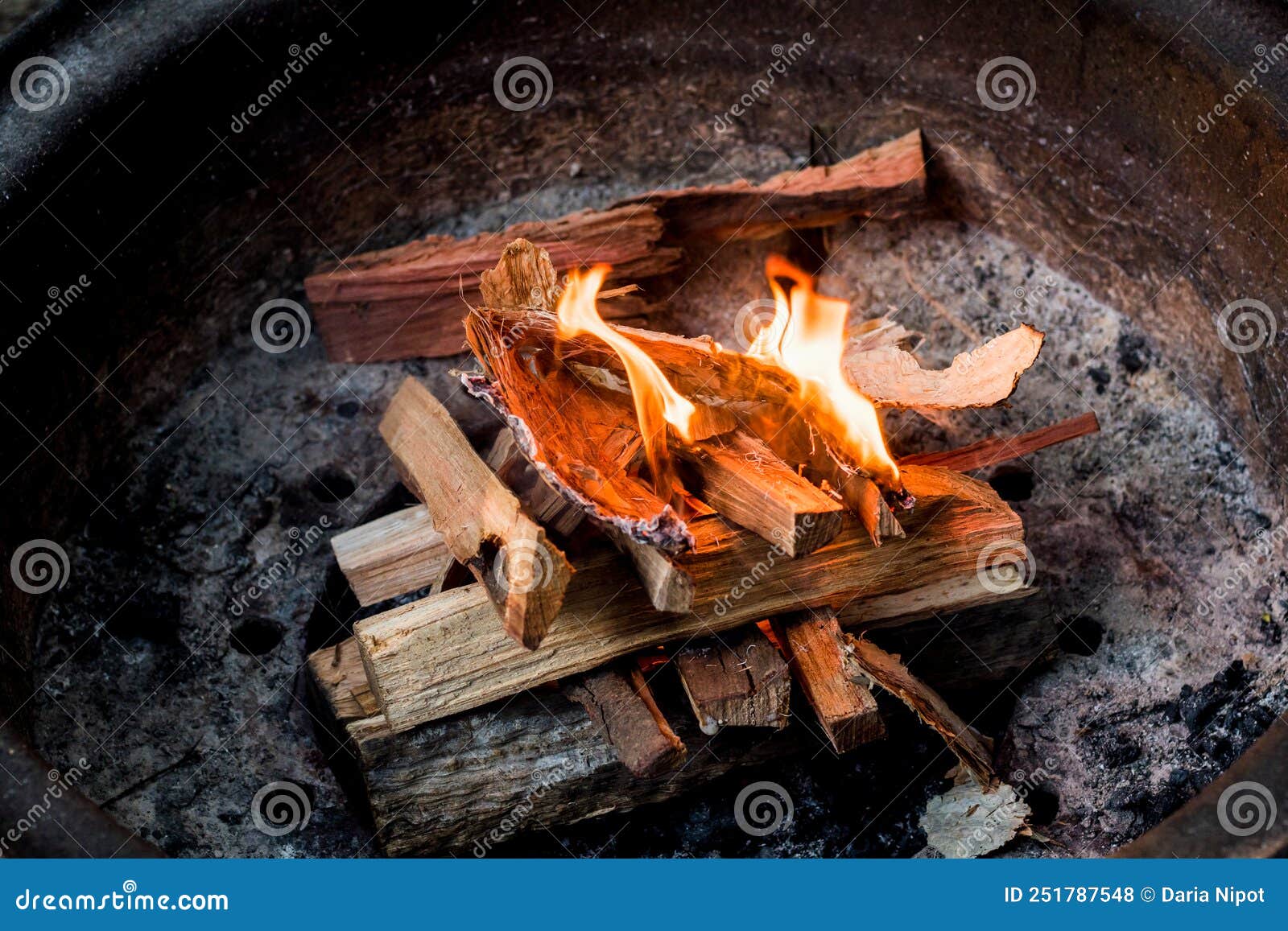 Starting a Campfire in a Firepit with Kindling. Camping Lifestyle Stock ...