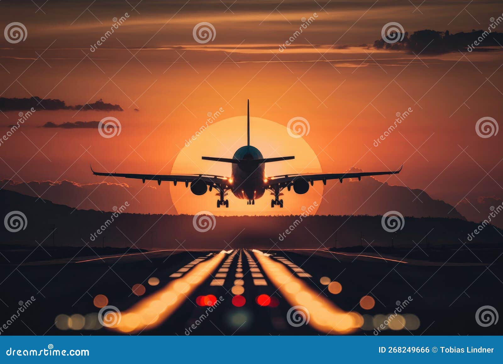 Starting or Landing Airplane Flying Over the Sunset Stock Illustration ...