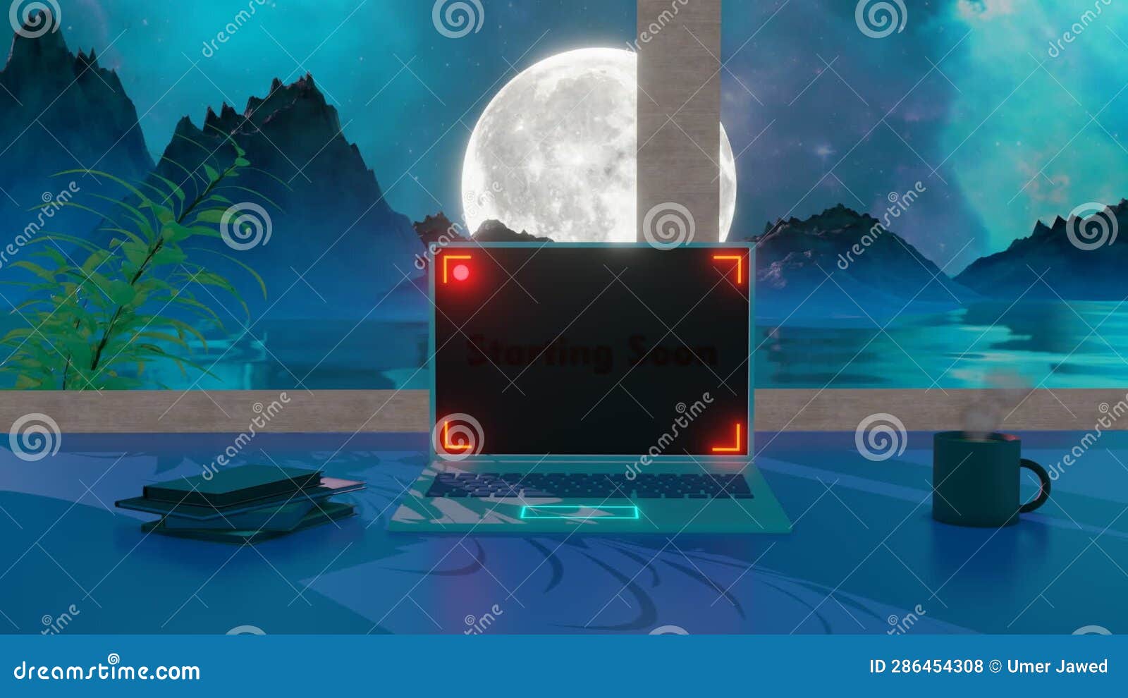 Starting Soon Screen Laptop on Study Table with Lake View on Full Moon ...