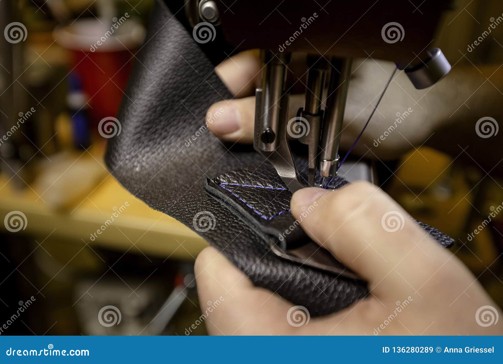 Starting a Box Stitch on Black Leather Stock Image - Image of ...