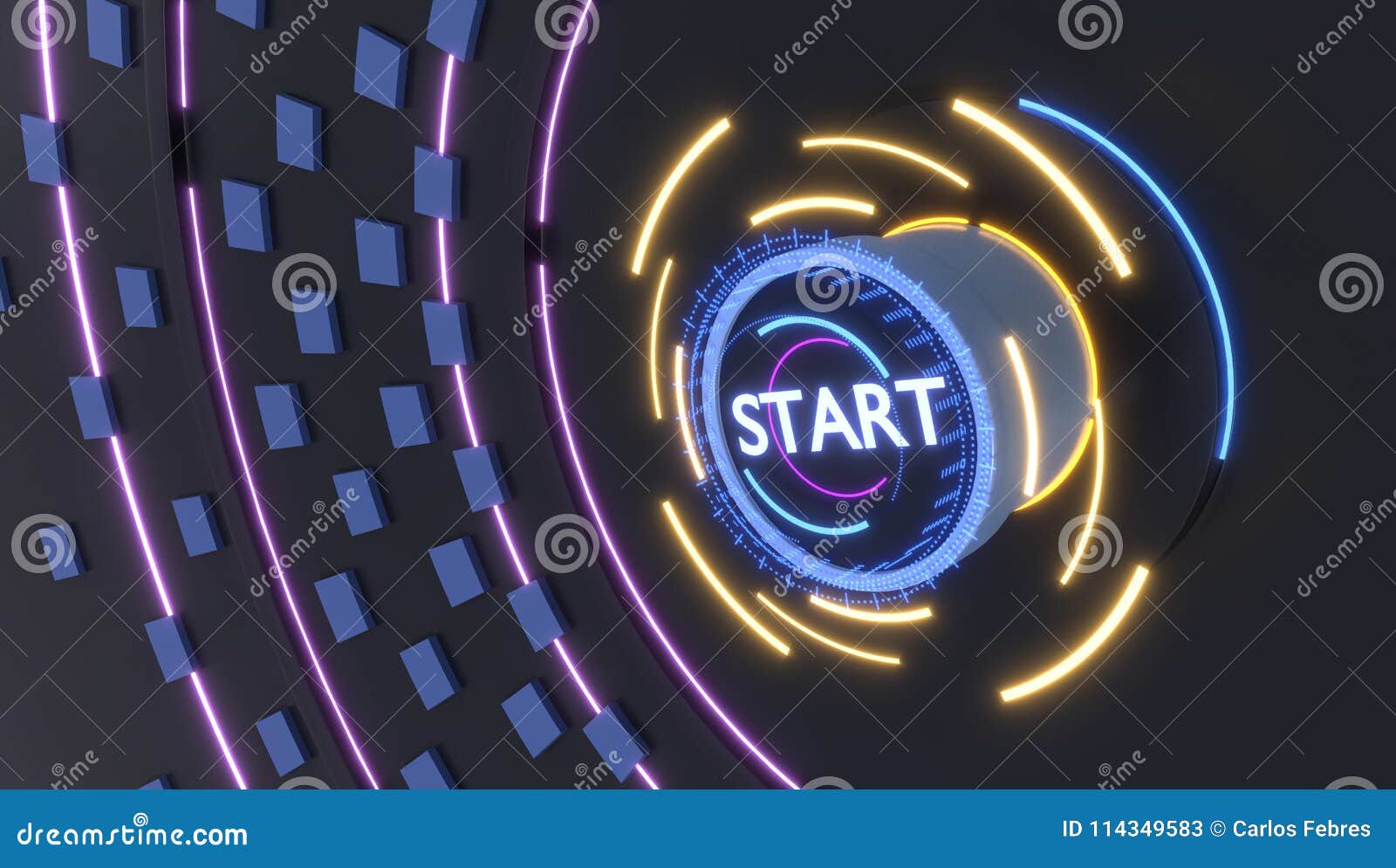 Startknapp Med Hologramljus, Illustration 3d Stock Illustrationer ...