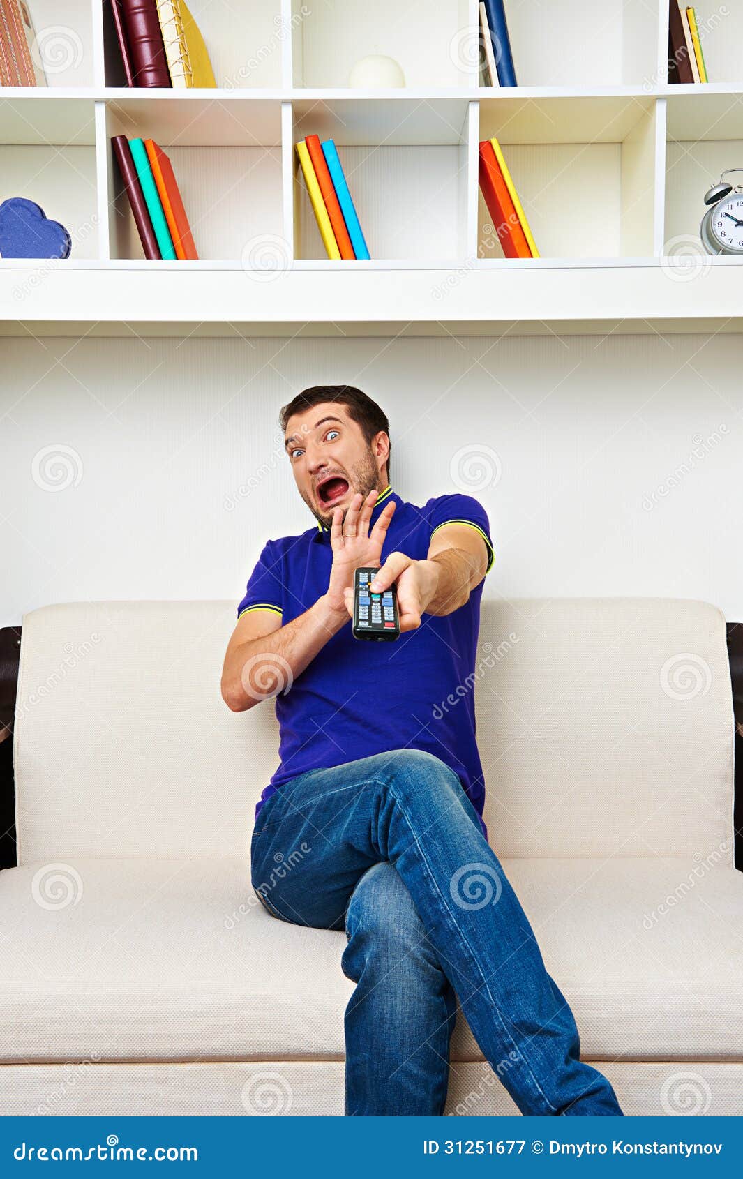 Startled Man Watching Horror Movie Stock Image - Image of male ...