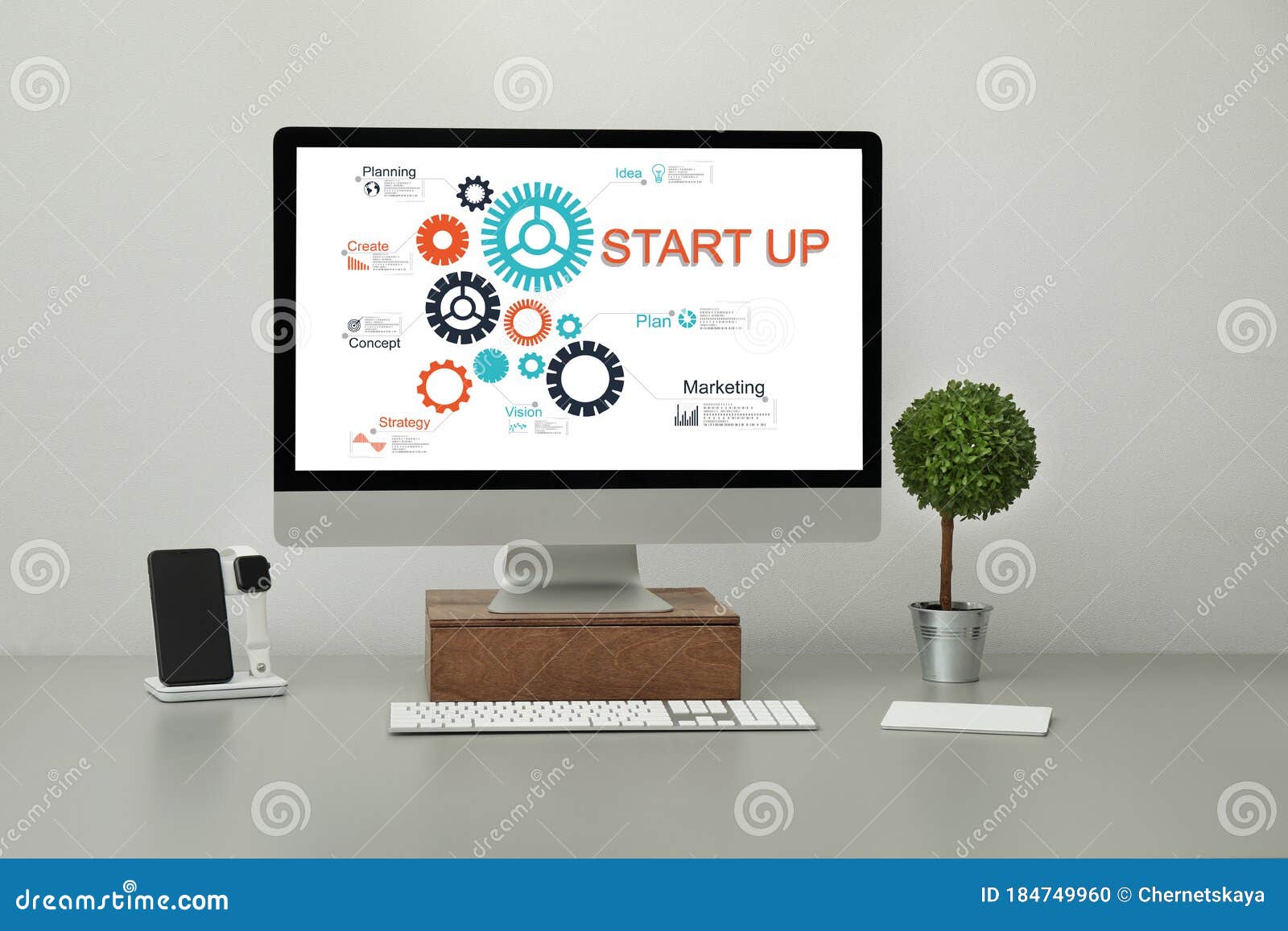 Startup Business Concept. Computer with Illustration of Digital ...
