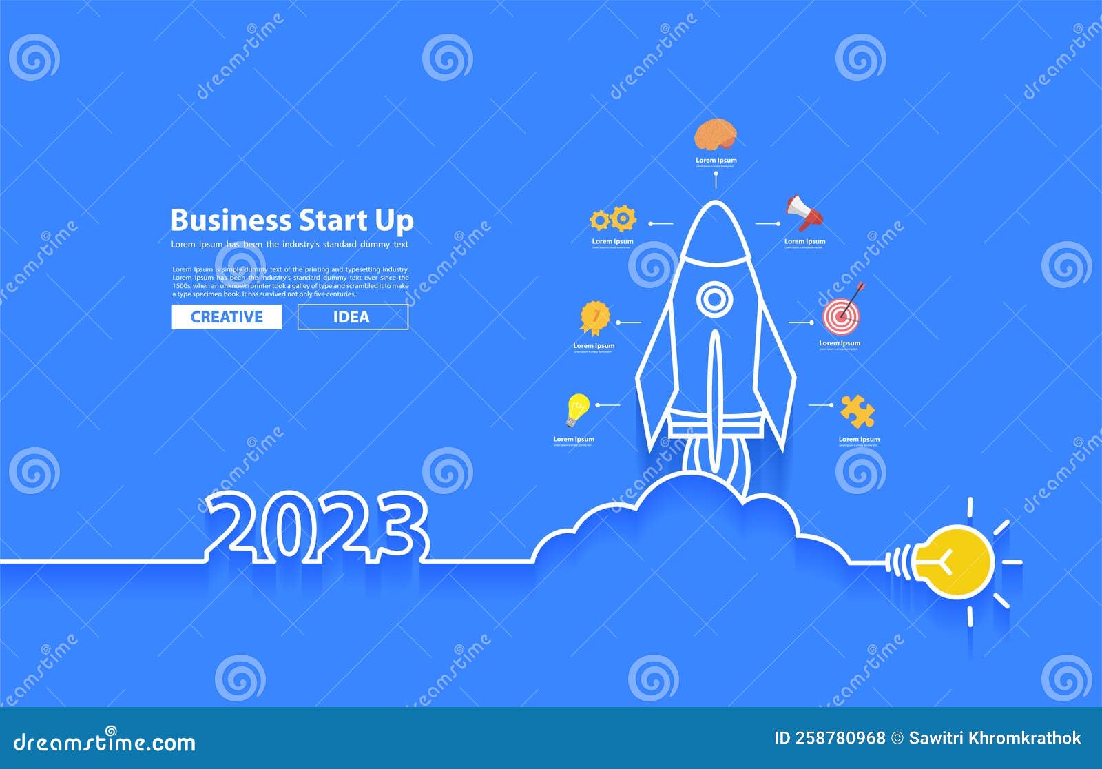 Startup Business 2023 New Year Rocket Launch with Creative Light Bulb ...