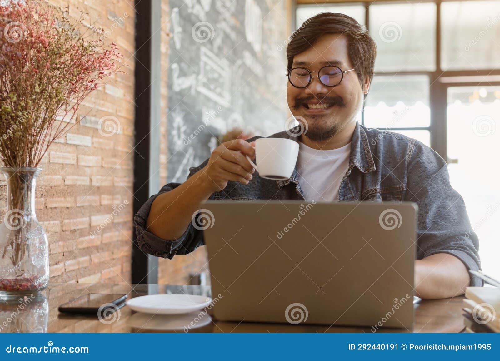 Startup Businessman Drinking Coffee while Work. Freelancer is Thinking ...
