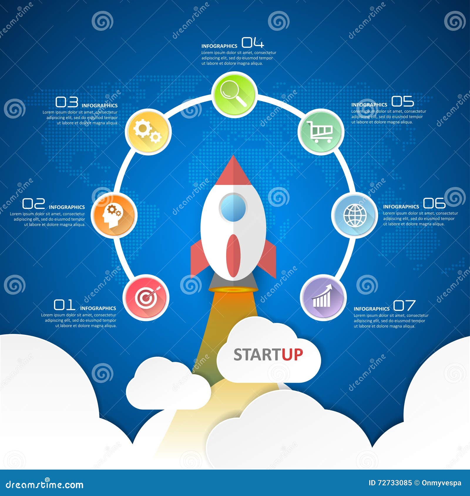 Startup Circle Infographics with Rocket Launch, for Business Concept 7 ...