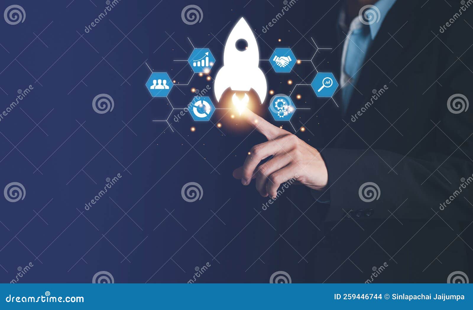 Startup Concept. Businessman Hand Touch Rocket Launch Icon and Network ...