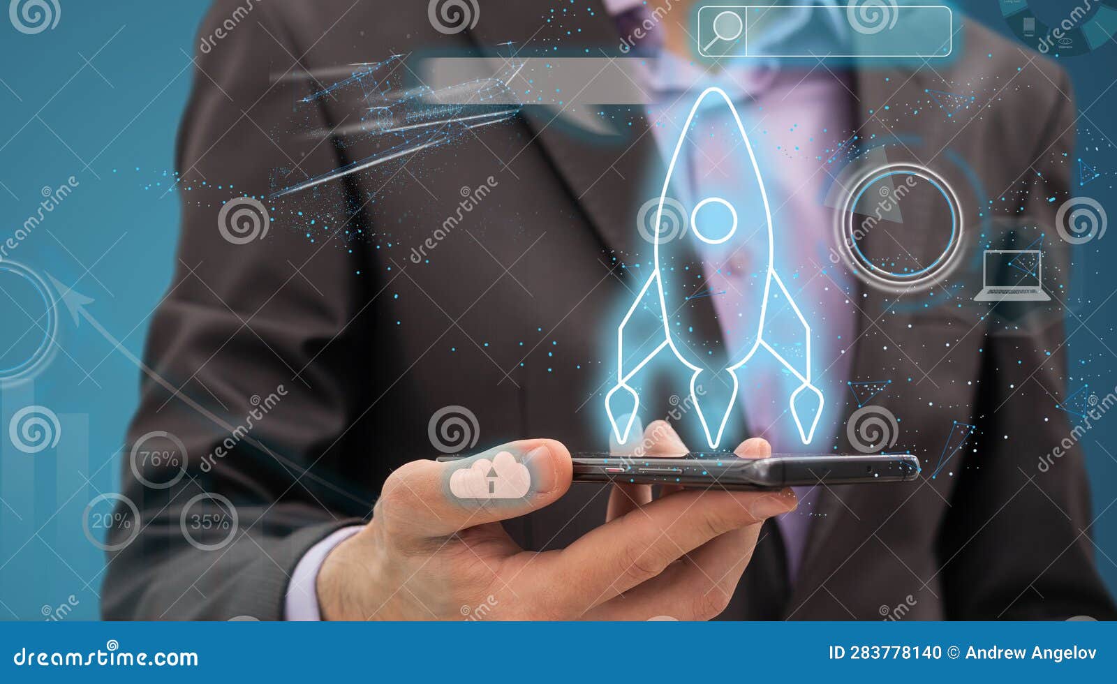 Startup Concept with Businessman Holding Tablet or Smartphone ...