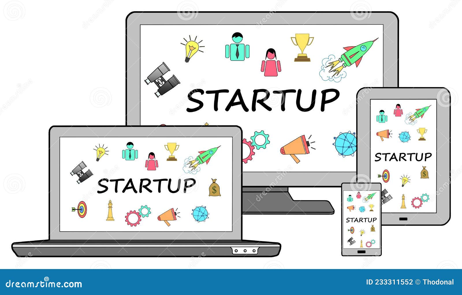Startup Concept on Different Devices Stock Illustration - Illustration ...