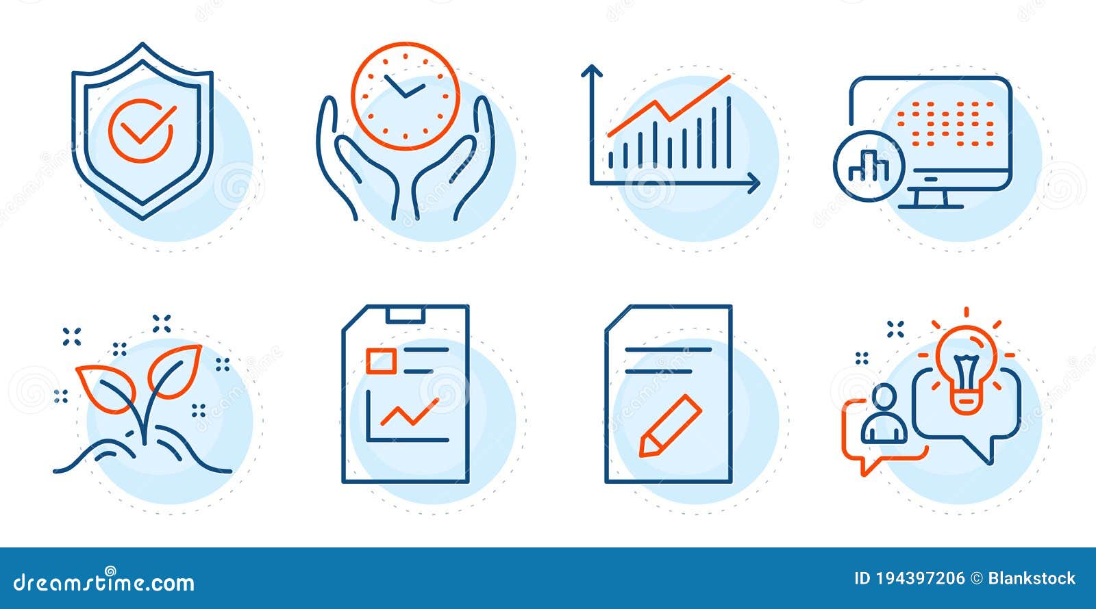 Startup Concept, Graph and Safe Time Icons Set. Report Document, Idea ...