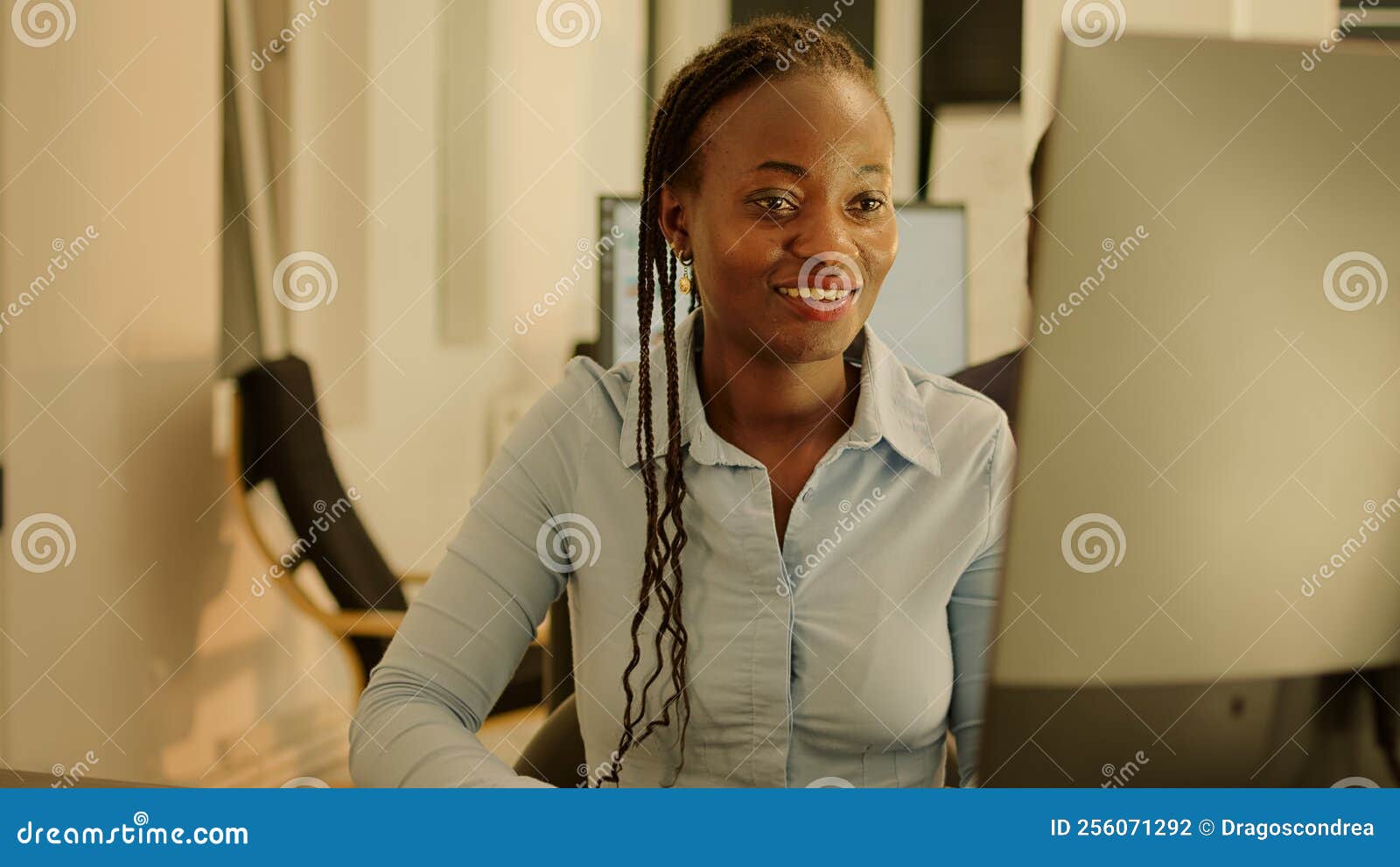 Startup Employee Working on Computer in Office with Big Windows Stock ...
