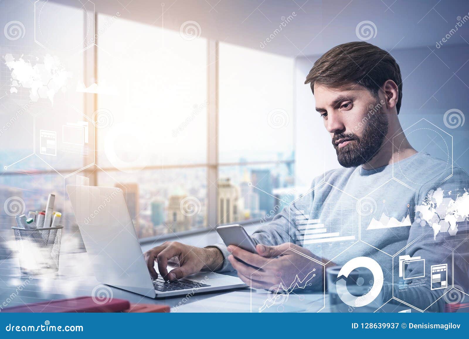 Startup Founder in Office, Infographics Interface Stock Image - Image ...