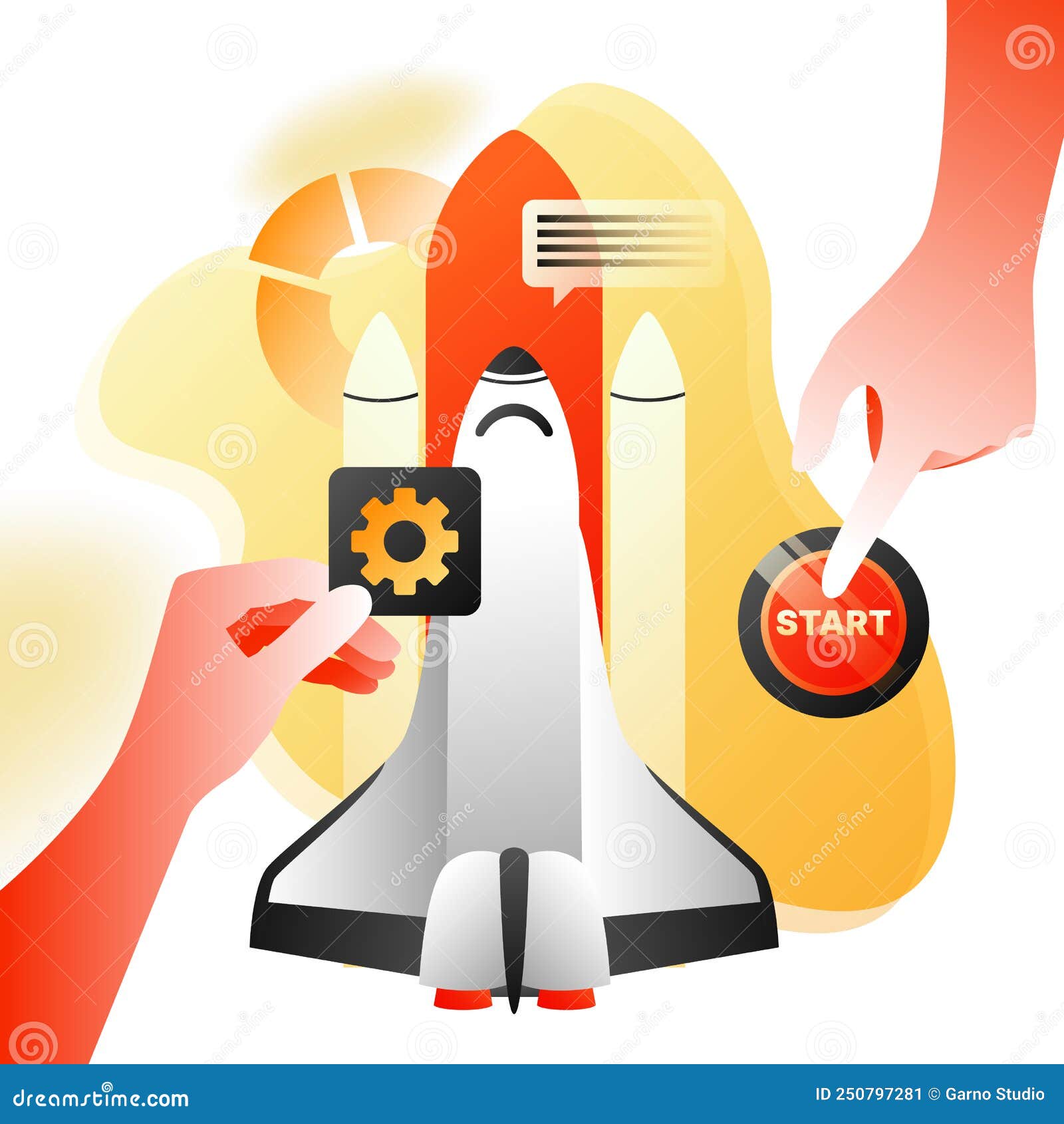 Startup Launch Illustration. Hand Pressing Start Button, Rocket and ...