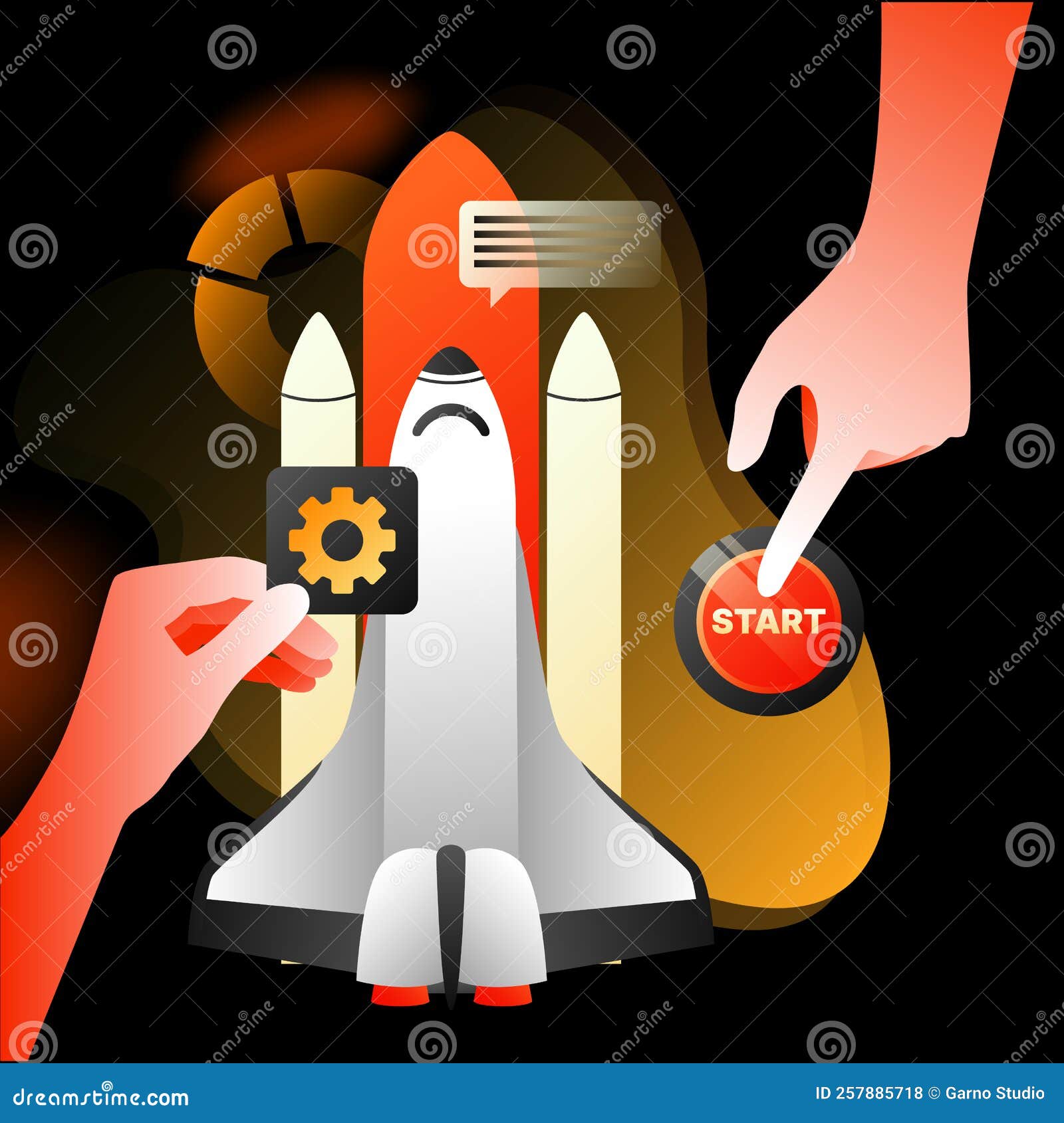 Startup Launch Illustration. Hand Pressing Start Button, Rocket and Settings Symbols Stock ...