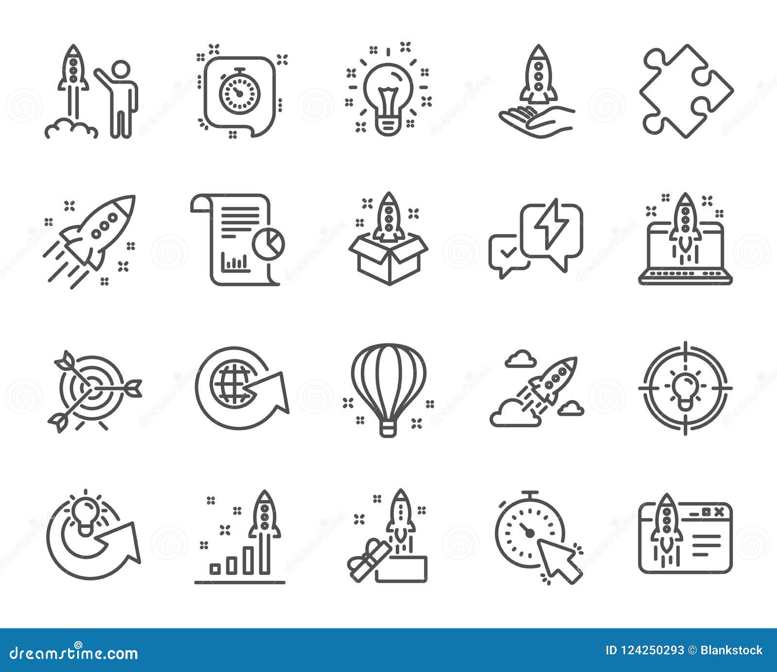 Startup Line Icons. Set of Launch Project, Business Report and Target ...