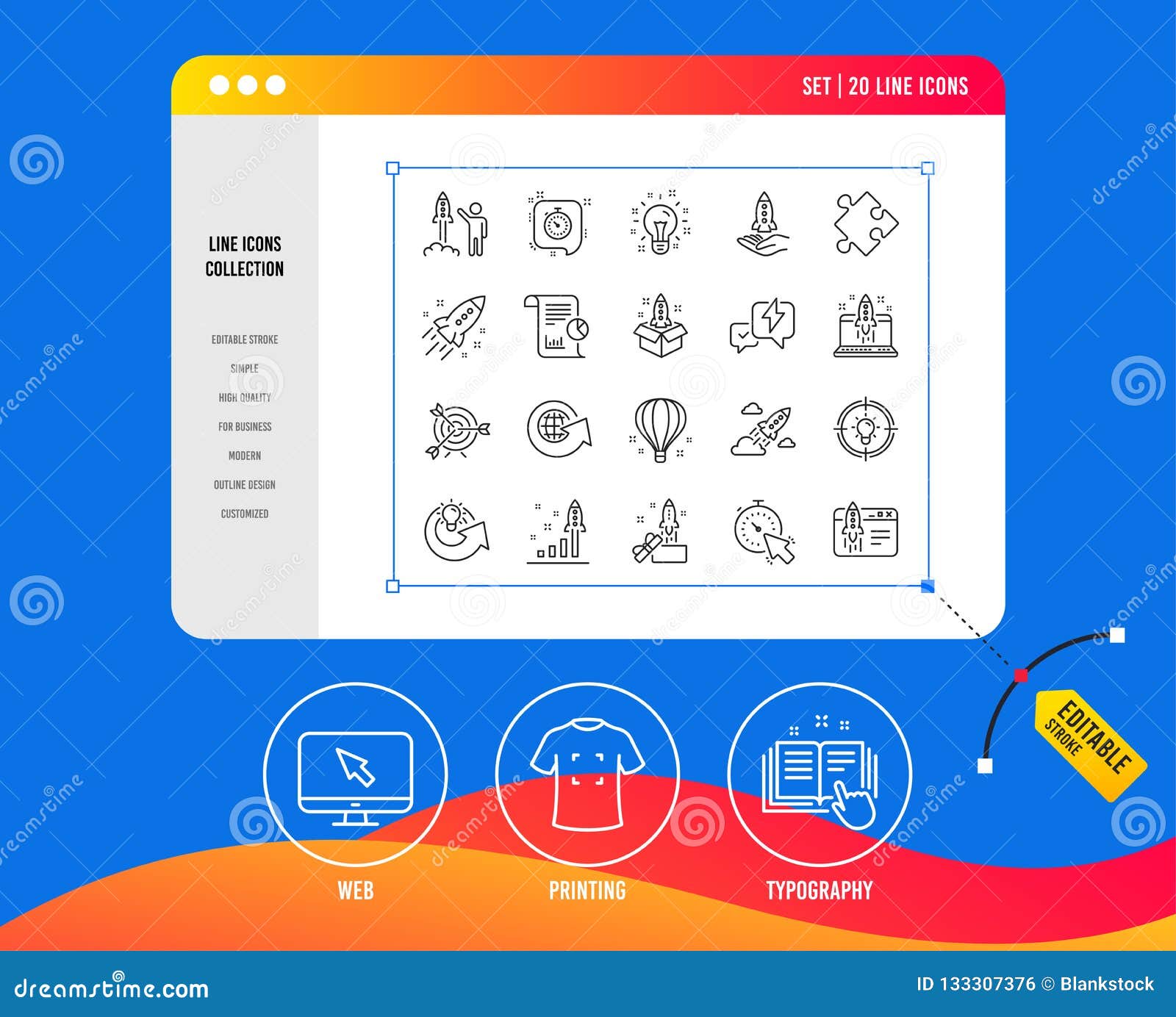 Startup Line Icons. Set of Launch Project, Business Report and Target ...