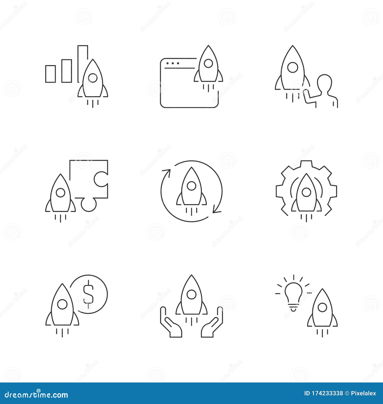 Startup Linear Icons on White Background. Project Launch Concept Stock ...