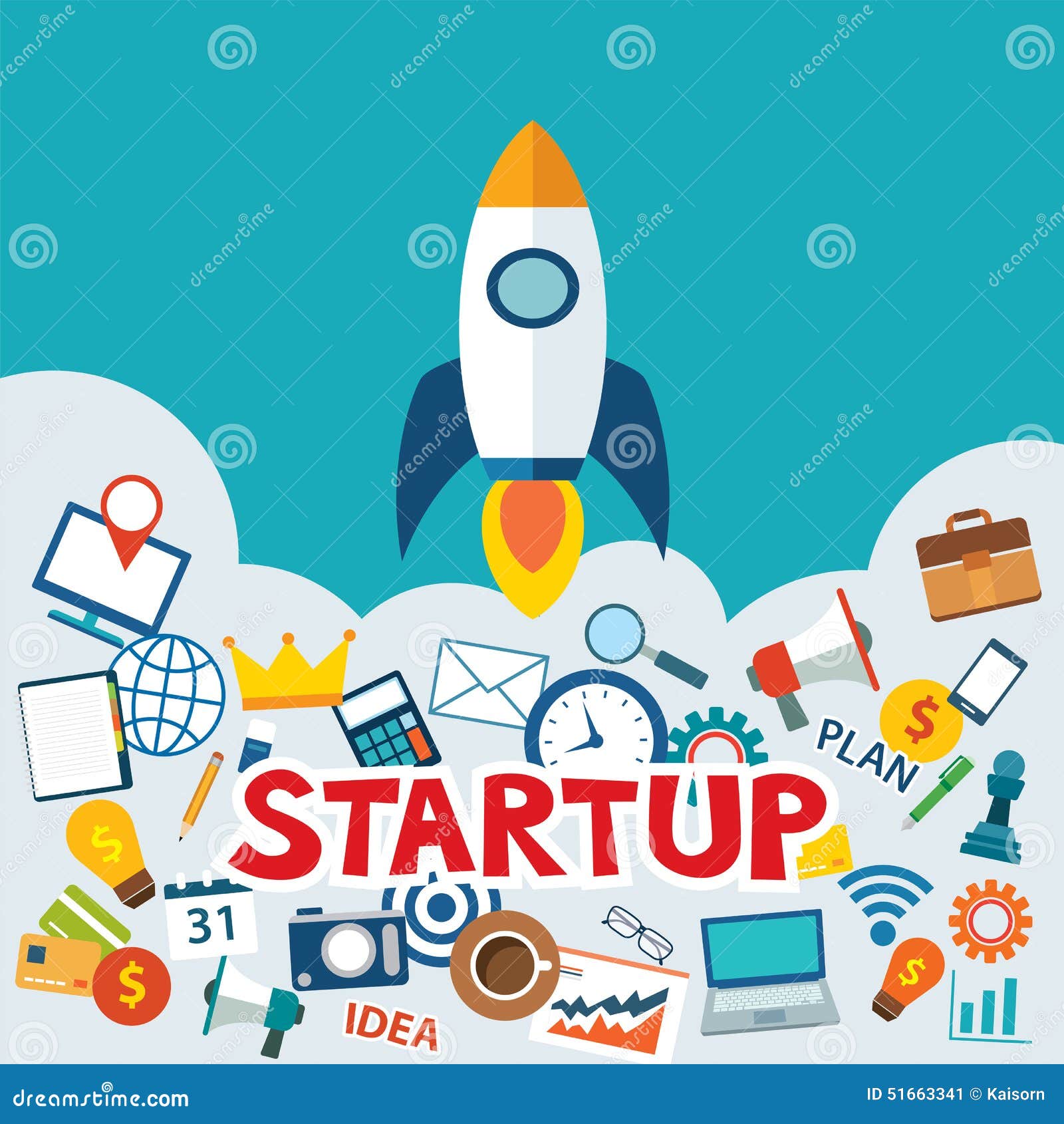 Startup New Business Project with Rocket Image Flat Design Stock Vector - Illustration of ...