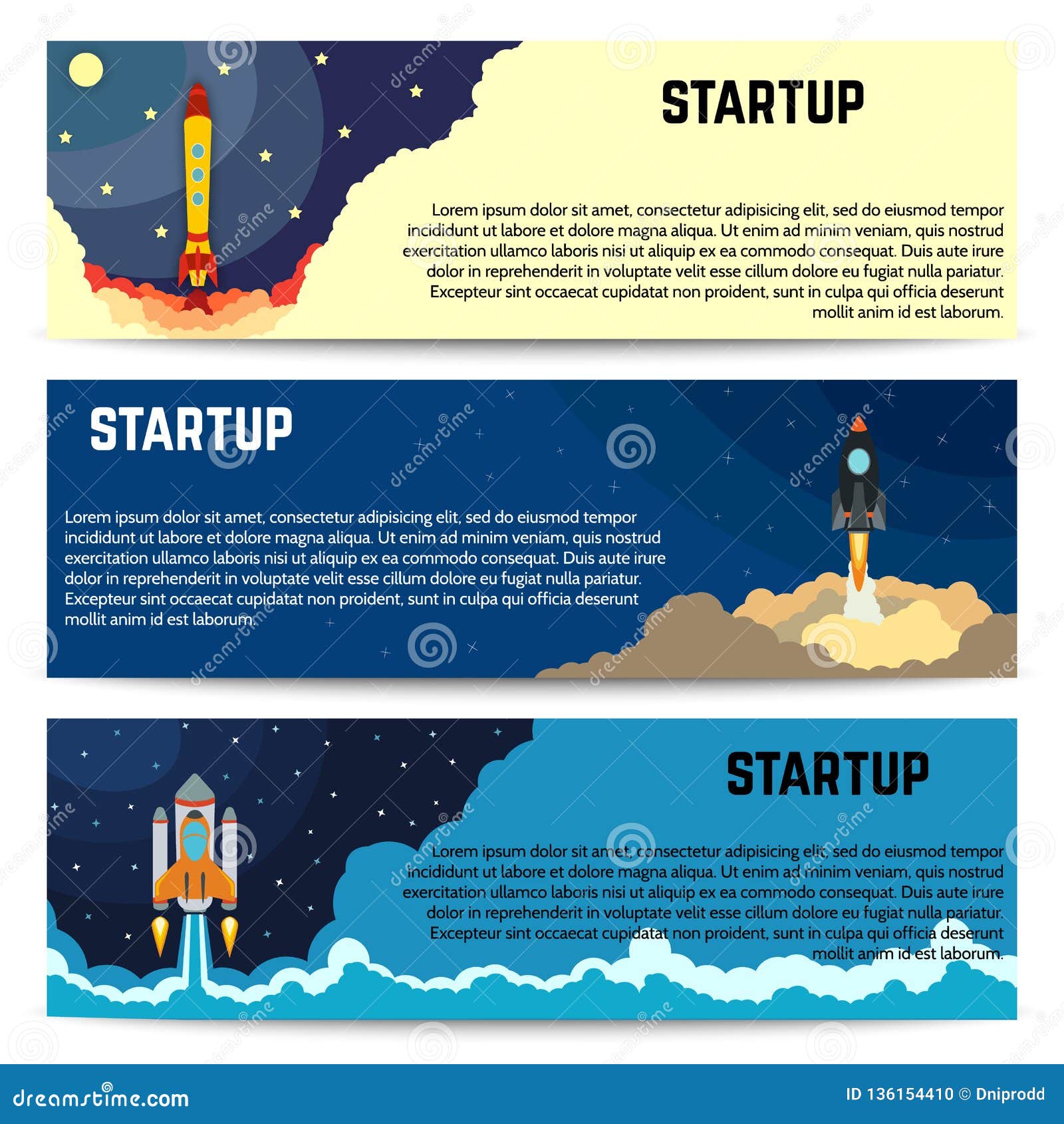 Startup Rocket Ship Launch Horizontal Banners Set Stock Vector ...